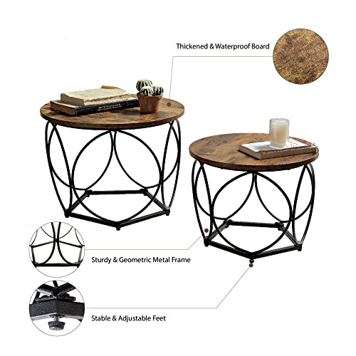 Round Coffee Table, Modern Coffee Table Set of 2 Wooden Surface with Metal Frame, Small Side Table, End Table for Living Room, Bedroom, Home Office, Farmhouse, Rustic Brown and Black