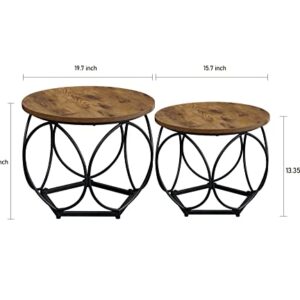 Round Coffee Table, Modern Coffee Table Set of 2 Wooden Surface with Metal Frame, Small Side Table, End Table for Living Room, Bedroom, Home Office, Farmhouse, Rustic Brown and Black