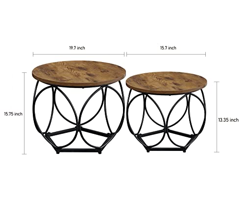 Round Coffee Table, Modern Coffee Table Set of 2 Wooden Surface with Metal Frame, Small Side Table, End Table for Living Room, Bedroom, Home Office, Farmhouse, Rustic Brown and Black