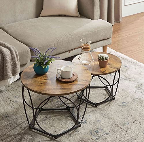 Round Coffee Table, Modern Coffee Table Set of 2 Wooden Surface with Metal Frame, Small Side Table, End Table for Living Room, Bedroom, Home Office, Farmhouse, Rustic Brown and Black