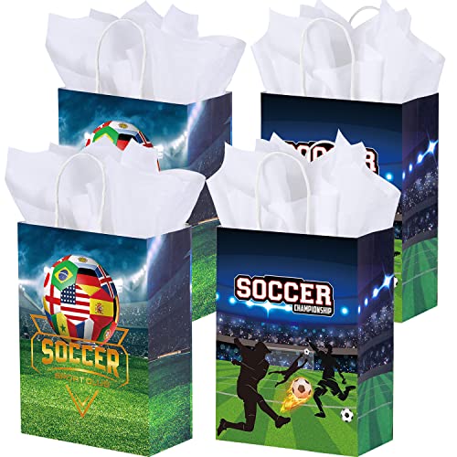 SPERPAND 24Pcs Soccer Goodies Gift Bags with 24Pcs Tissues, 2 Styles Sturdy Fancy Paper Bags with Handles for Holiday Sports Party, Birthdays, Weddings and Ceremonies(8.7 * 6.3 * 3.1)