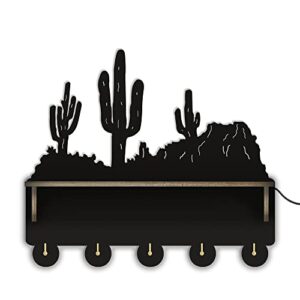 the geeky days cliffs cactus key holder for wall, desert plant wooden wall mounted hat coat rack with mail medal organizer shelf, 5 metal hooks hanger, for closet door hanging rustic home decor