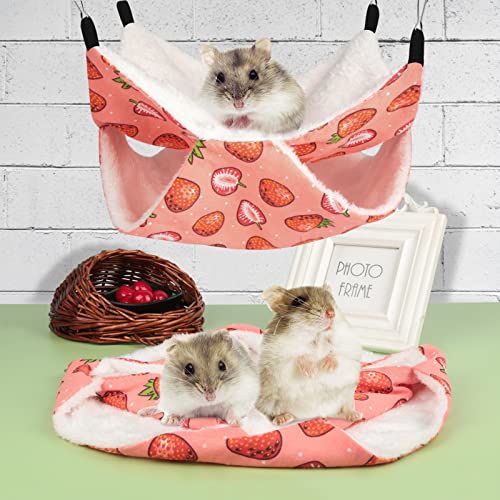 Bonjin Pet Small Animal Hanging Hammock, Ferret Squirrel Bunkbed Hammock Cage Toy for Hamster Rat Sugar Glider Parrot Guinea Pig Hideout Play Sleep (Strawberry X 2pcs)