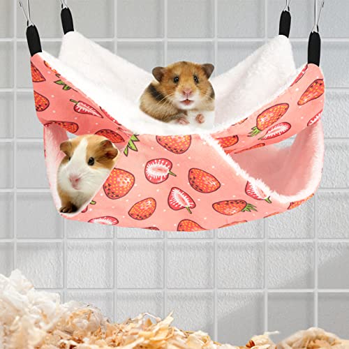 Bonjin Pet Small Animal Hanging Hammock, Ferret Squirrel Bunkbed Hammock Cage Toy for Hamster Rat Sugar Glider Parrot Guinea Pig Hideout Play Sleep (Strawberry X 2pcs)