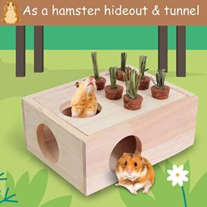 HOORITO Wooden Hamster House,2-in-1 Hamster Hideout House & Chew Toys,Multi-Room Tunnel Exploring Toys for Gerbils Syrian Dwarf Mouse,Small Animal House Habitats Decor for Hamster