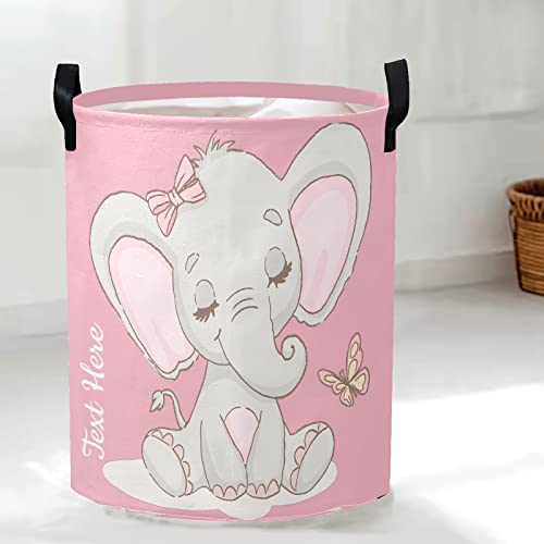 Personalized Baby Elephant Butterfly Pink Laundry Hamper with Name Text Storage Clothes Basket Foldable Laundry Bag with Handles