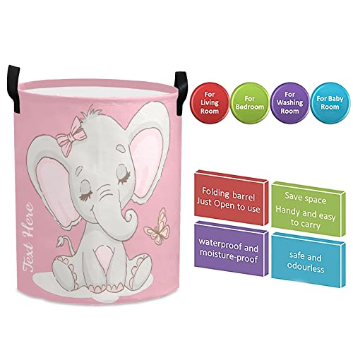 Personalized Baby Elephant Butterfly Pink Laundry Hamper with Name Text Storage Clothes Basket Foldable Laundry Bag with Handles