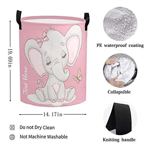 Personalized Baby Elephant Butterfly Pink Laundry Hamper with Name Text Storage Clothes Basket Foldable Laundry Bag with Handles