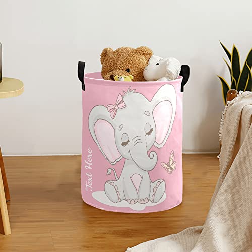 Personalized Baby Elephant Butterfly Pink Laundry Hamper with Name Text Storage Clothes Basket Foldable Laundry Bag with Handles