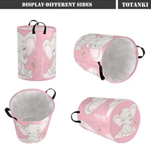 Personalized Baby Elephant Butterfly Pink Laundry Hamper with Name Text Storage Clothes Basket Foldable Laundry Bag with Handles