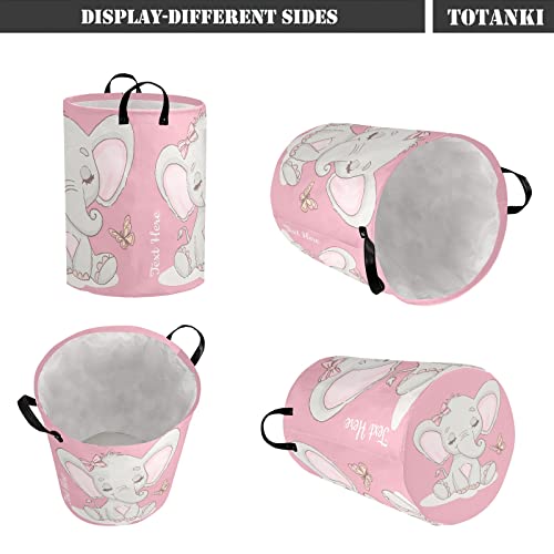 Personalized Baby Elephant Butterfly Pink Laundry Hamper with Name Text Storage Clothes Basket Foldable Laundry Bag with Handles