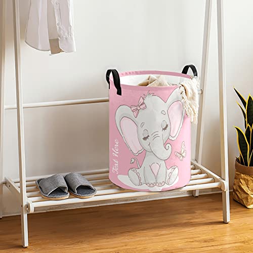 Personalized Baby Elephant Butterfly Pink Laundry Hamper with Name Text Storage Clothes Basket Foldable Laundry Bag with Handles