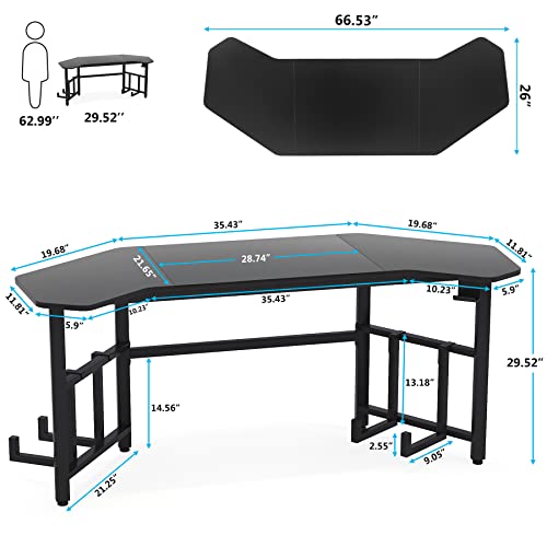 Tribesigns Gaming Desk, Ergonomic Gaming Computer Desk, 66.5 inch Large Wing-Shaped Studio Workstation Pc Desk Gamer Table with Hoster Holder Headphone Hook for Live, Streamer, Home Office, Black