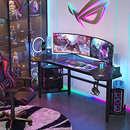 Tribesigns Gaming Desk, Ergonomic Gaming Computer Desk, 66.5 inch Large Wing-Shaped Studio Workstation Pc Desk Gamer Table with Hoster Holder Headphone Hook for Live, Streamer, Home Office, Black