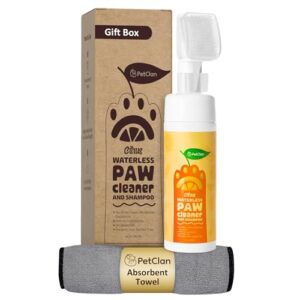 petclan citrus naturally formulated dog paw cleaner with 'squarub' brush|usa brand|no-rinse sulfate-free dry shampoo for dogs|gift box with microfiber absorbent towel