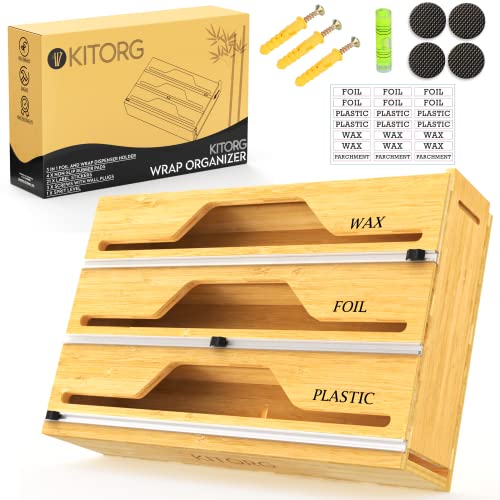 KITORG Bamboo Foil and Plastic Wrap Organizer for Drawer, 3 in 1 Tin Foil, Cling Paper, Food Wrap, Plastic Wrap Dispenser with Cutter and Labels for Kitchen, Aluminum Foil Organization and Storage