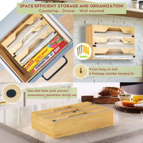 KITORG Bamboo Foil and Plastic Wrap Organizer for Drawer, 3 in 1 Tin Foil, Cling Paper, Food Wrap, Plastic Wrap Dispenser with Cutter and Labels for Kitchen, Aluminum Foil Organization and Storage