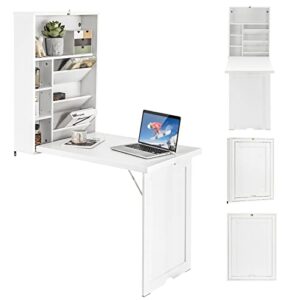 goflame wall mounted desk, folding floating desk with 3-tier tilt storage partition and adjustable shelves, space-saving fold up desk laptop desk, convertible writing desk for home office (white)