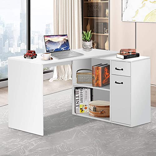 HOFFREE L-Shaped Rotating Computer Desk with Storage Shelves 68 inch Home Office Corner Desk with Drawers and File Cabinet Multipurpose Study Writing Table for Bedroom Small Space White