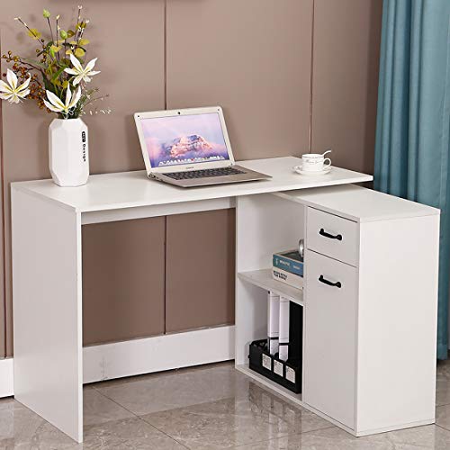 HOFFREE L-Shaped Rotating Computer Desk with Storage Shelves 68 inch Home Office Corner Desk with Drawers and File Cabinet Multipurpose Study Writing Table for Bedroom Small Space White