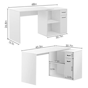 HOFFREE L-Shaped Rotating Computer Desk with Storage Shelves 68 inch Home Office Corner Desk with Drawers and File Cabinet Multipurpose Study Writing Table for Bedroom Small Space White