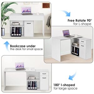 HOFFREE L-Shaped Rotating Computer Desk with Storage Shelves 68 inch Home Office Corner Desk with Drawers and File Cabinet Multipurpose Study Writing Table for Bedroom Small Space White