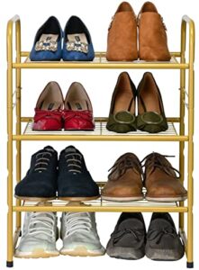 wkokos 3-tier small shoe rack, stackable narrow shoe shelf storage organizer, heavy duty metal free standing shoe rack for entryway closet doorway, gold