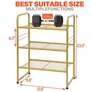 wkokos 3-Tier Small Shoe Rack, Stackable Narrow Shoe Shelf Storage Organizer, Heavy Duty Metal Free Standing Shoe Rack for Entryway Closet Doorway, Gold