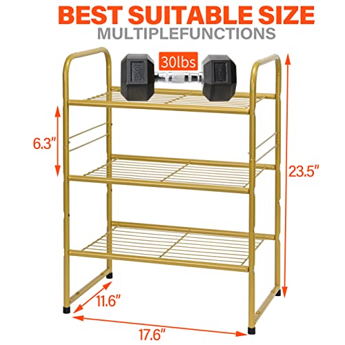 wkokos 3-Tier Small Shoe Rack, Stackable Narrow Shoe Shelf Storage Organizer, Heavy Duty Metal Free Standing Shoe Rack for Entryway Closet Doorway, Gold