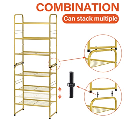 wkokos 3-Tier Small Shoe Rack, Stackable Narrow Shoe Shelf Storage Organizer, Heavy Duty Metal Free Standing Shoe Rack for Entryway Closet Doorway, Gold