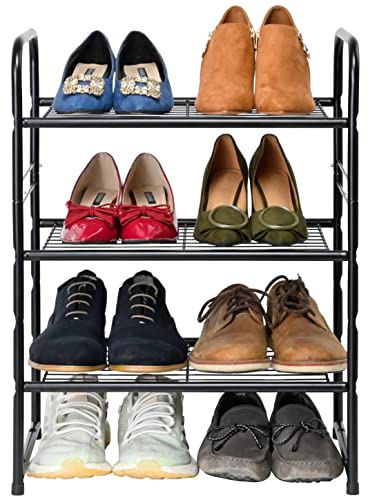 wkokos 3-Tier Small Shoe Rack, Stackable Narrow Shoe Shelf Storage Organizer, Heavy Duty Metal Free Standing Shoe Rack for Entryway Closet Doorway, Black