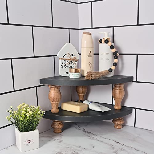 Donmills 2 Pieces Farmhouse Wood Corner Counter Shelf for Kitchen Countertop Organizer, Wood Counter Stackable Corner Pedestal Stand Tray Riser Shelves Cabinet Shelves Spice Rack Organizer Black