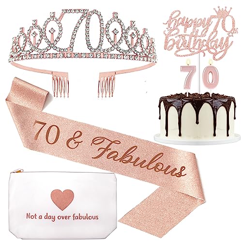 70th Birthday Decorations for Woman, 70th Birthday Sash, Tiara Crown, Canvas Makeup Bag, Cake Topper & Candles, 70th Birthday Gifts for Her Birthday Party