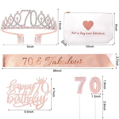 70th Birthday Decorations for Woman, 70th Birthday Sash, Tiara Crown, Canvas Makeup Bag, Cake Topper & Candles, 70th Birthday Gifts for Her Birthday Party