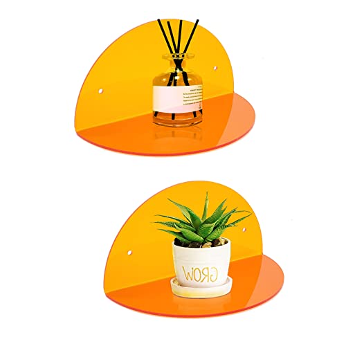 ROYALITA Acrylic Small Floating Shelves (2-Pack, 8-inch Diameter) - Wall Mounted Display Stand for Plants, Toys, Makeup, and More - Ideal for Home and Office, Orange