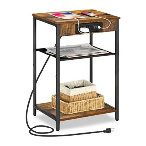 melos nightstand with charging station, 3 tier end table with usb ports & power outlets, narrow side table for small spaces, bedside tables for bedroom, living room, rustic brown