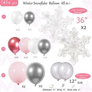 Pink Winter Wonderland Balloon Garland arch Kit Pink Chrome Silver Red White With 2 Large Snowflake Balloons for Onederland Girl Princess Birthday Party baby its cold outside baby shower decorations