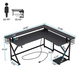 Tribesigns Computer Desk L Shaped with Led Lights & Power Outlet, 61 inch L-Shaped Computer Corner Desk with Monitor Stand, Ergonomic Home Office Gaming Desk with USB Port & Hook (Black)