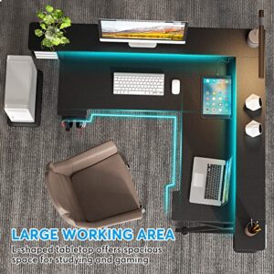 Tribesigns Computer Desk L Shaped with Led Lights & Power Outlet, 61 inch L-Shaped Computer Corner Desk with Monitor Stand, Ergonomic Home Office Gaming Desk with USB Port & Hook (Black)