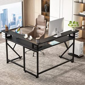 Tribesigns Computer Desk L Shaped with Led Lights & Power Outlet, 61 inch L-Shaped Computer Corner Desk with Monitor Stand, Ergonomic Home Office Gaming Desk with USB Port & Hook (Black)