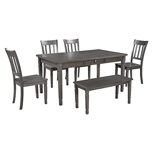 GLORHOME 6 Pieces Kitchen Dining Set for 6, Rectangular Wood Table with Little Drawers and 4 Chairs 1 Bench for Family, Gray