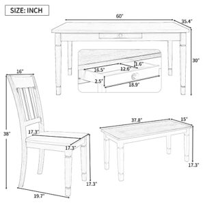 GLORHOME 6 Pieces Kitchen Dining Set for 6, Rectangular Wood Table with Little Drawers and 4 Chairs 1 Bench for Family, Gray