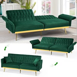 ACMEASE 70” Velvet Futon Sofa Bed w/Adjustable Backrests and Armrests, Convertible Futon Couch with Two Pillows, Modern Tufted Sleeper Bed for Living Room, Bedroom,Green