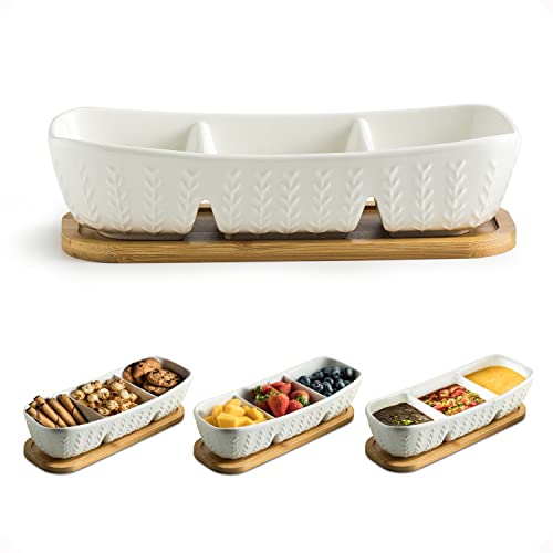 3 Compartment Condiment Tray Hospitality Tray, Chip and Dip Bowl with Wooden Serving Tray, Perfect for Snacks, Appetizers, Charcuterie, Chips, Candy, 10-inch Dip Trays for Parties