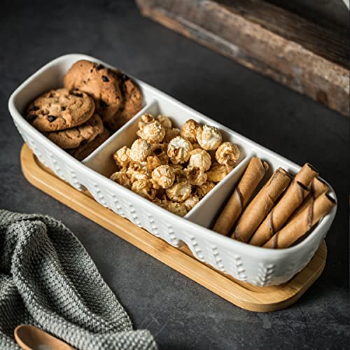 3 Compartment Condiment Tray Hospitality Tray, Chip and Dip Bowl with Wooden Serving Tray, Perfect for Snacks, Appetizers, Charcuterie, Chips, Candy, 10-inch Dip Trays for Parties