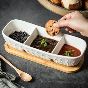 3 Compartment Condiment Tray Hospitality Tray, Chip and Dip Bowl with Wooden Serving Tray, Perfect for Snacks, Appetizers, Charcuterie, Chips, Candy, 10-inch Dip Trays for Parties