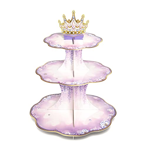 Purple Cupcake Stand for Girls Birthday Party Decorations Lavender Floral Crown Theme Coming of Age Quinceanera Party Cake Serving Tray Princess Wedding Bridal Baby Shower Party Supplies