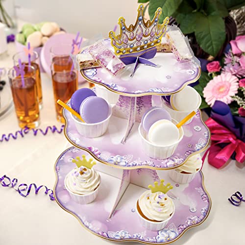 Purple Cupcake Stand for Girls Birthday Party Decorations Lavender Floral Crown Theme Coming of Age Quinceanera Party Cake Serving Tray Princess Wedding Bridal Baby Shower Party Supplies