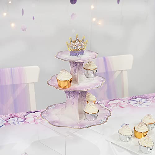 Purple Cupcake Stand for Girls Birthday Party Decorations Lavender Floral Crown Theme Coming of Age Quinceanera Party Cake Serving Tray Princess Wedding Bridal Baby Shower Party Supplies