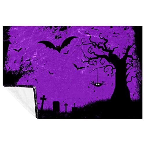 Purple Halloween Bats Tree Tomb Prints Soft Warm Cozy Blanket Throw for Bed Couch Sofa Picnic Camping Beach, 150×100cm